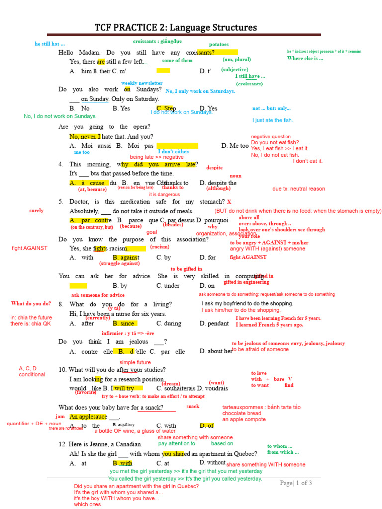 TCF Practice: Language Structures Guide | PDF | Verb | Plural