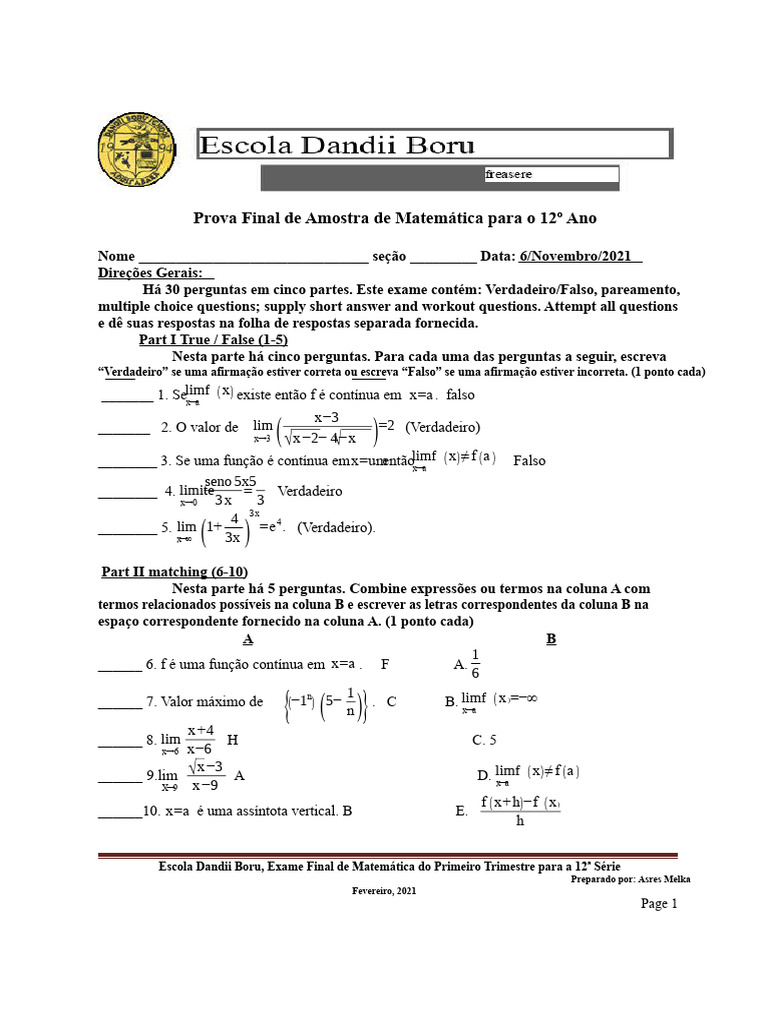 Exame Final de Amostra de Matemática do Primeiro Trimestre para o 12º ...