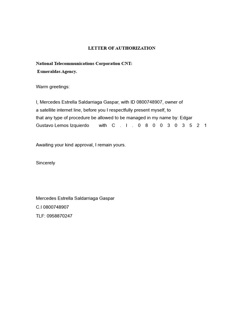 Authorization Letter for Equipment Delivery CNT | PDF
