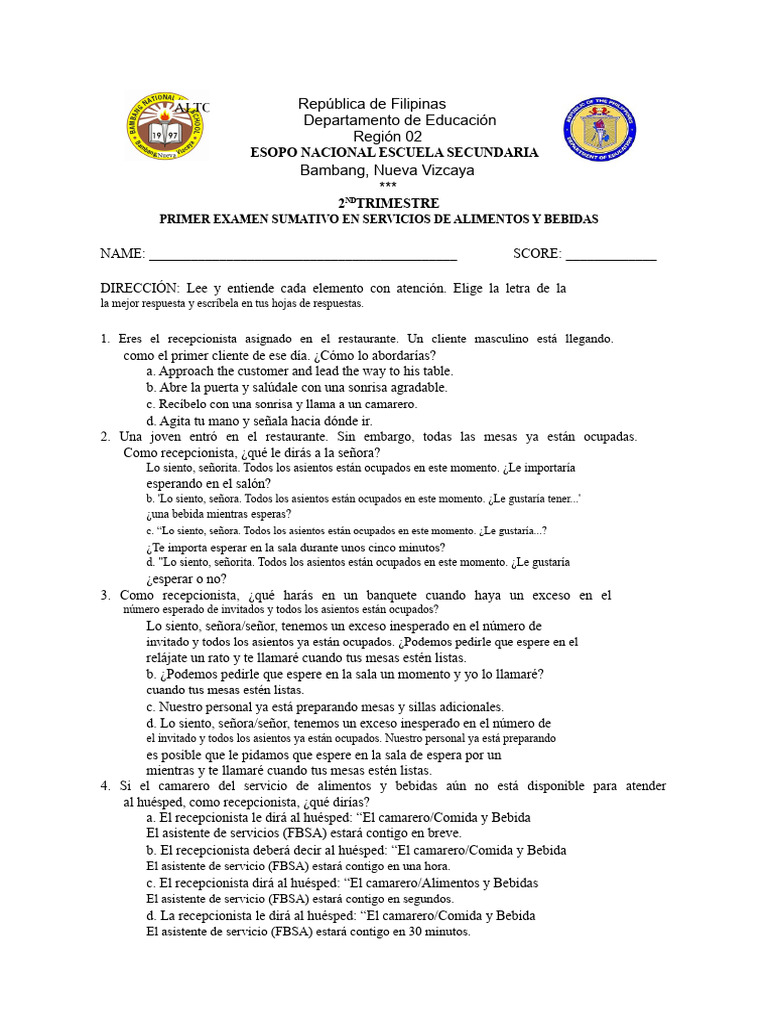Primer Examen Sumativo en Servicios de Alimentos y Bebidas | PDF ...