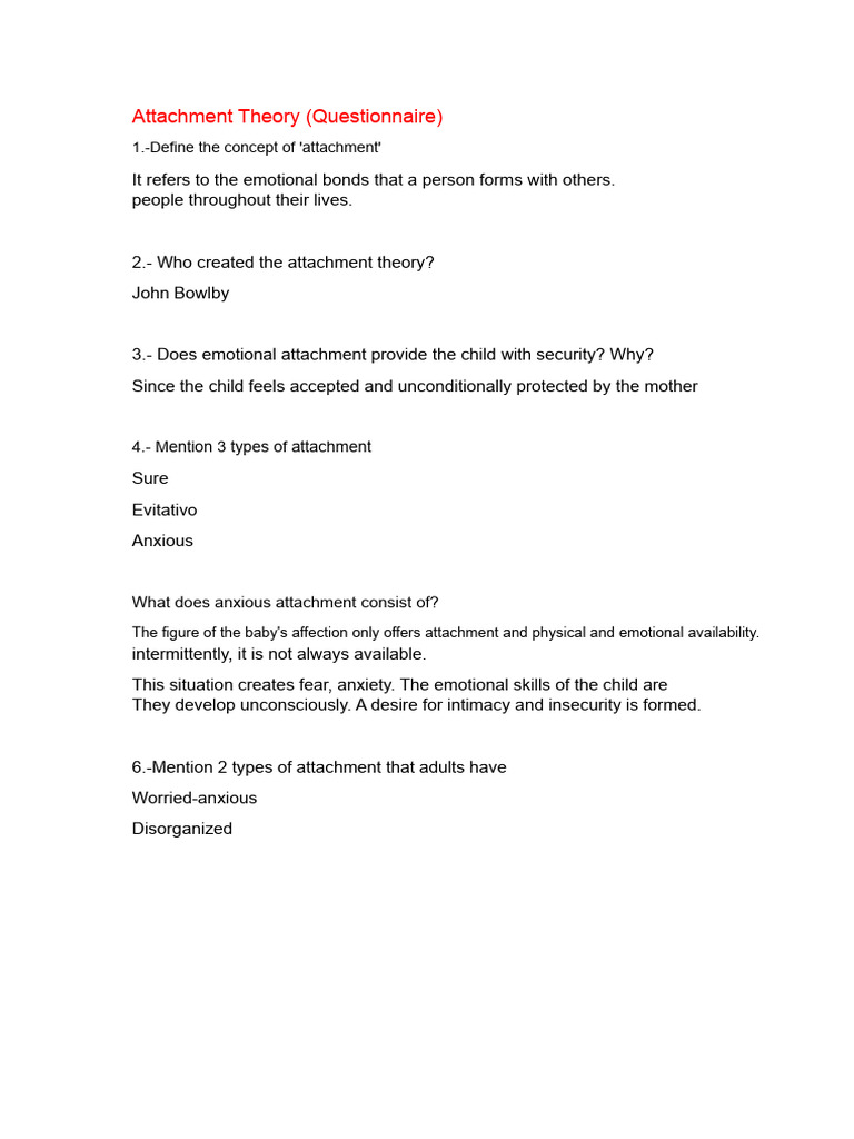 Attachment Theory Questionnaire | PDF
