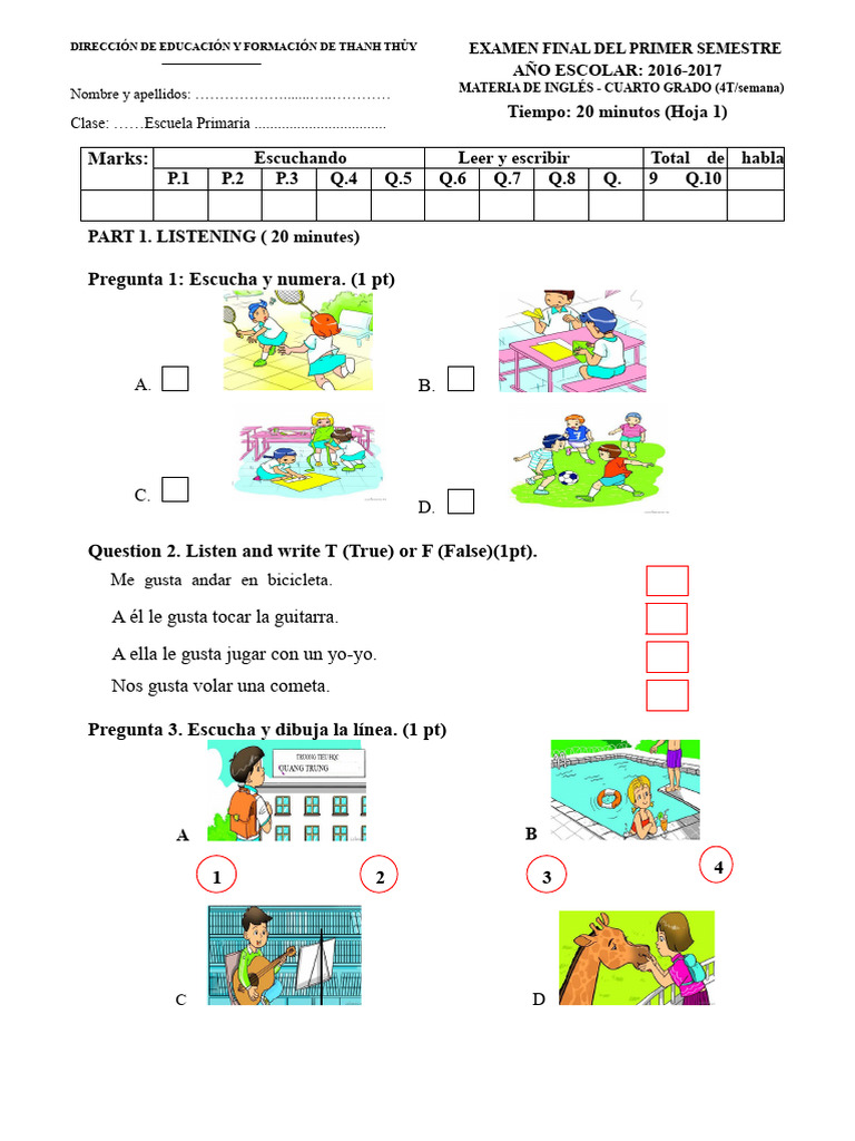 Examen Final Inglés 4to Grado 2016-2017 | PDF