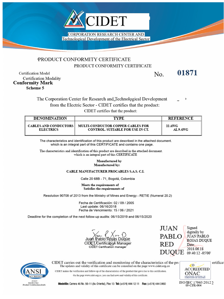 CERTIFICATE HALOGEN-FREE CABLE PROCABLES (1) | PDF | Electrical Wiring ...