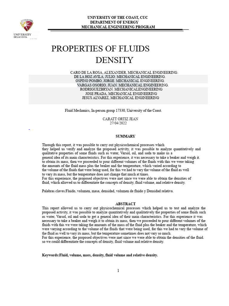 Practice #1. Properties of Fluids - Density | PDF | Density | Physical ...