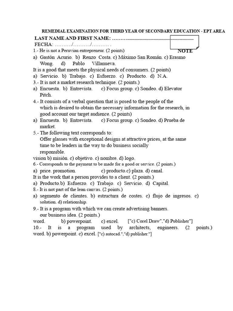 Remedial Exam For Third Year of Secondary School | PDF