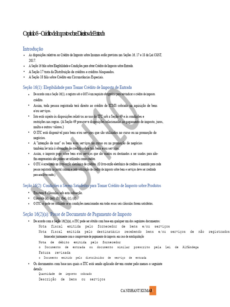 Capítulo 8 - Crédito de Imposto de Entrada - Notas | PDF | Impostos ...