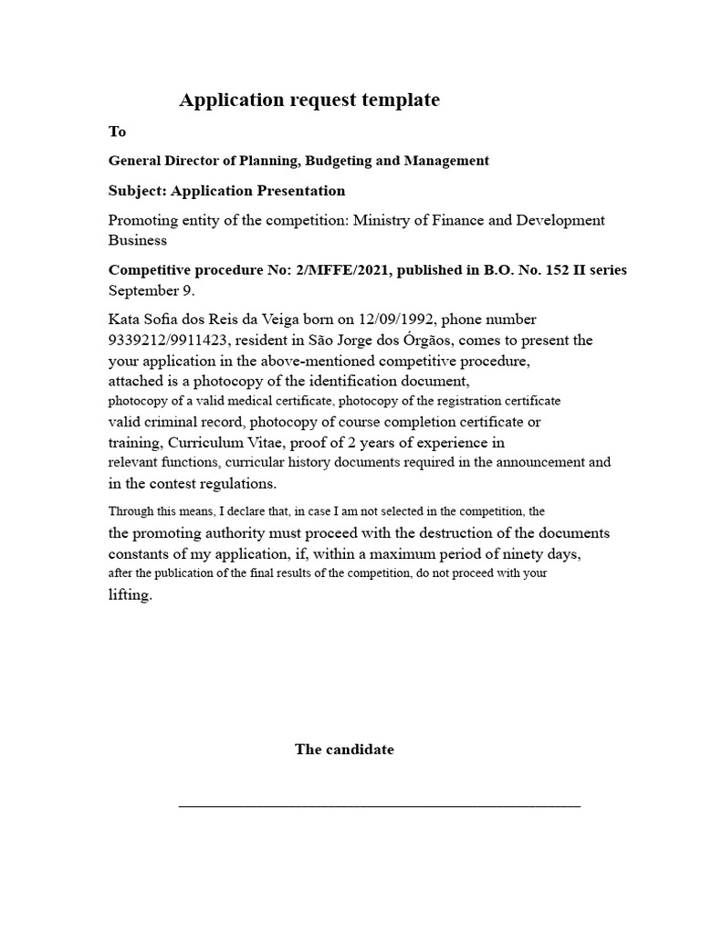 Application Request Template for Competition | PDF