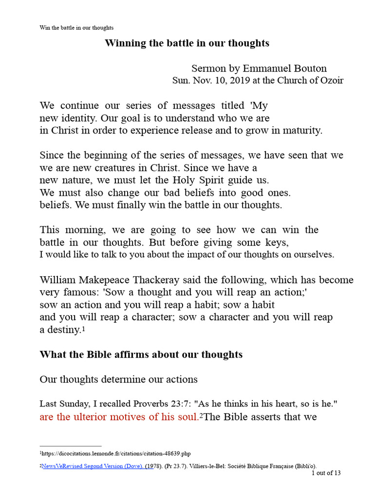 Win the battle in our thoughts | PDF | Paul The Apostle | God