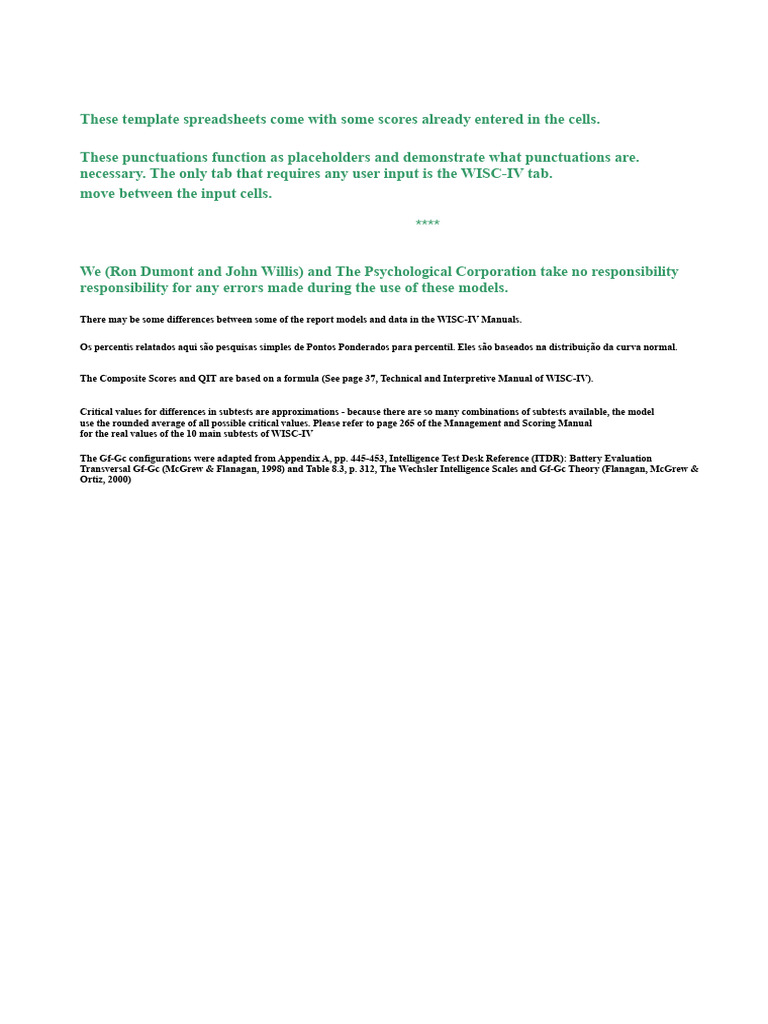 WISC-IV Interpretation Spreadsheet Template | PDF | Wechsler Adult ...