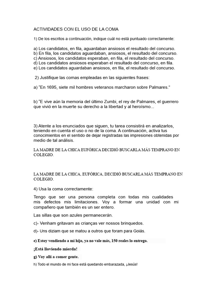 Actividades Con El Uso de La Coma | PDF