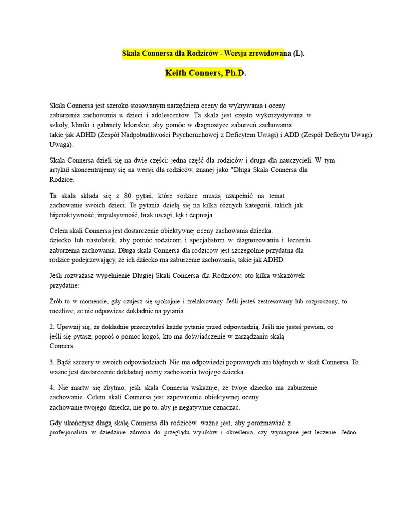 Długa Skala Connersa Dla Rodziców | PDF
