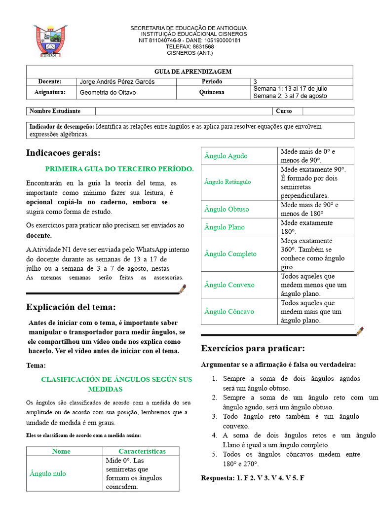 Guia de Aprendizagem: Classificação de Ângulos | PDF | Ângulo ...