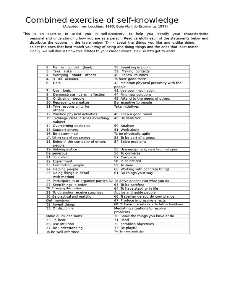 Combined Exercise of Self-Knowledge | PDF | Cognition | Psychological ...