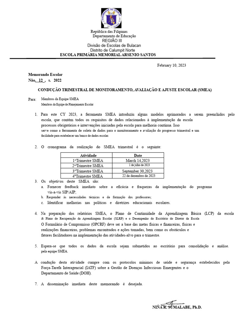 Memorando Escolar nº s. 2023 Smea 1 Com Acr (1) | PDF | Escolas ...