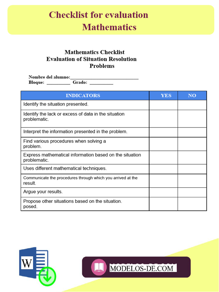 Mathematics Evaluation Checklist | PDF
