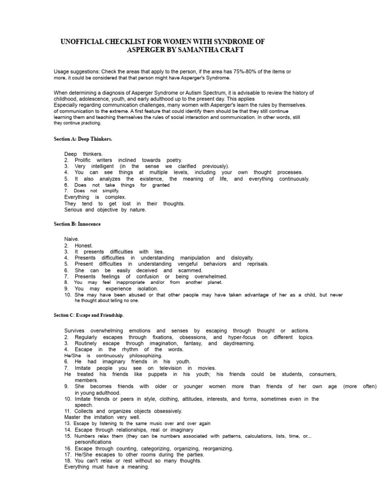 Asperger's Syndrome Checklist for Women | PDF | Asperger Syndrome ...