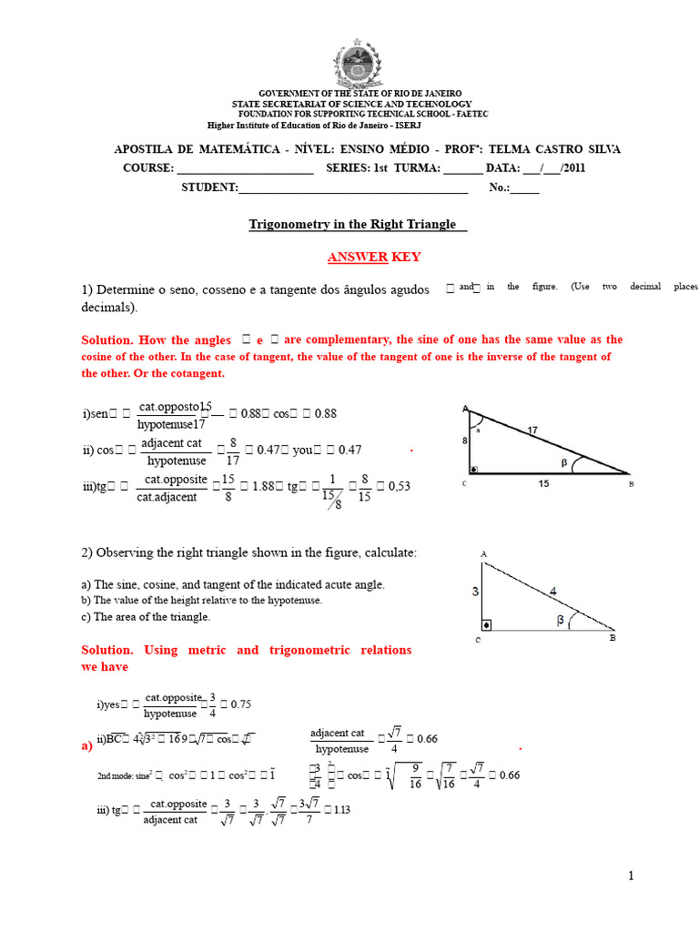 Exercises - Trigonometry in The Right Triangle - Answer Key | PDF ...