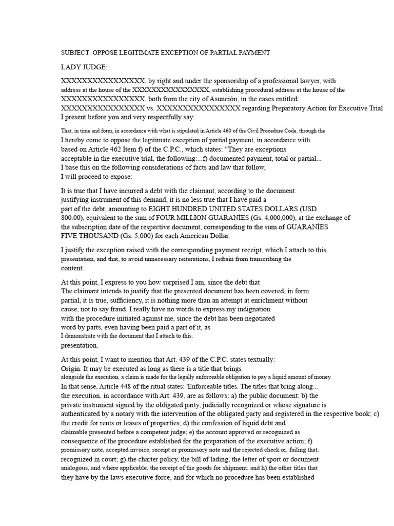 Model of Opposing Partial Payment Exception. | PDF | Debt | Common Law