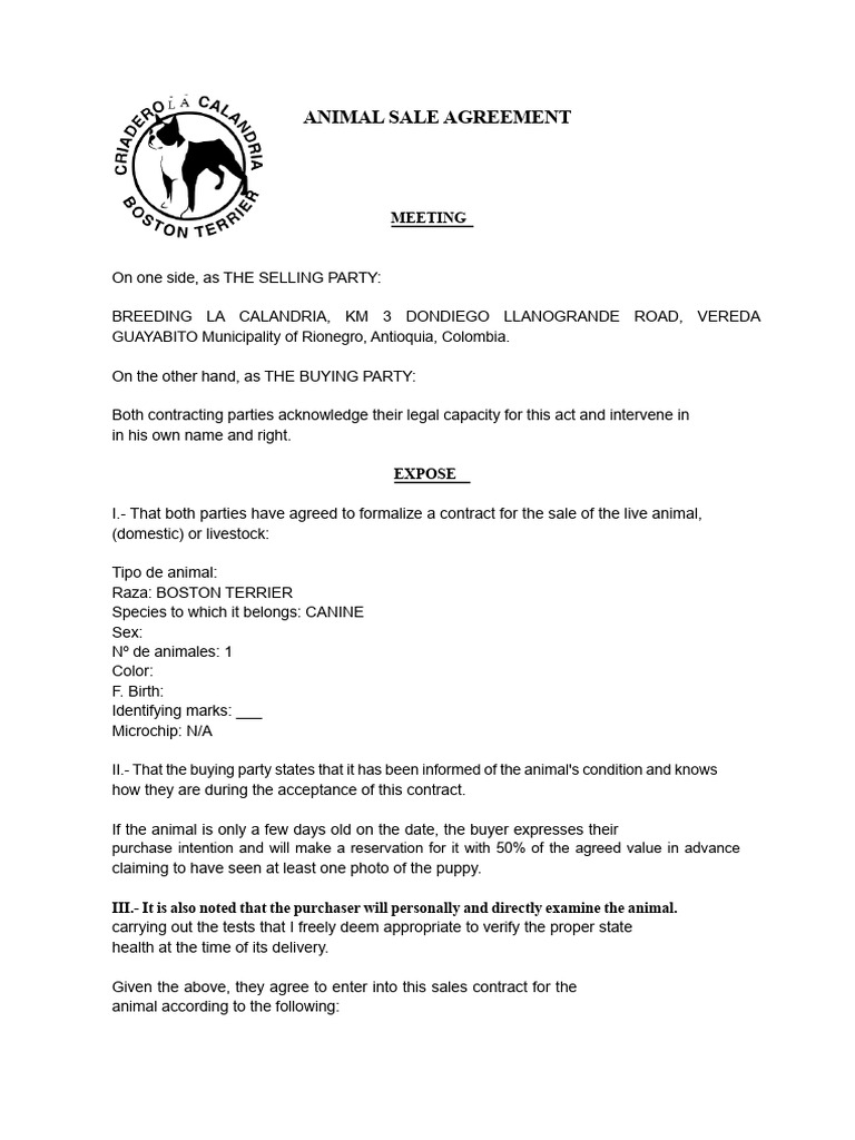 Purchase Agreement For Animals From La Calandria Breeding Farm | PDF ...