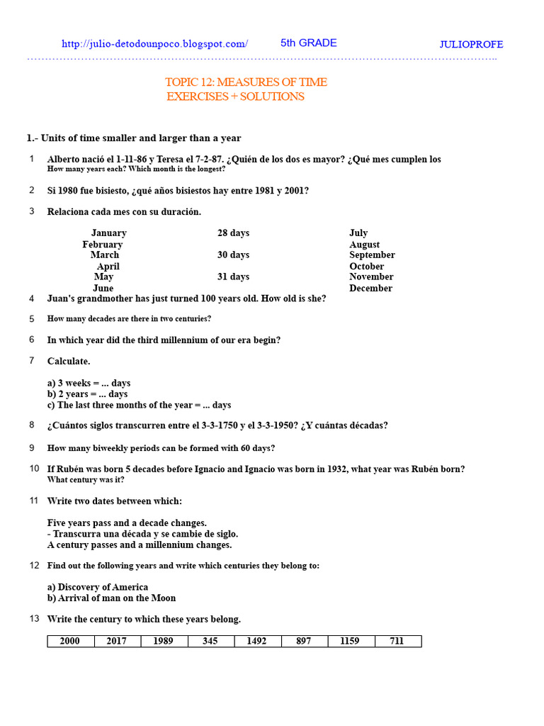 Time Measurement Exercises for 5th Grade | PDF