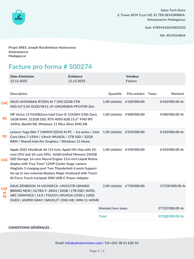 Facture Pro Forma - Projet ARES Madagascar | PDF | Matériel ...