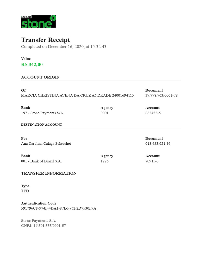 Transfer Receipt - Stone Account PDF | PDF