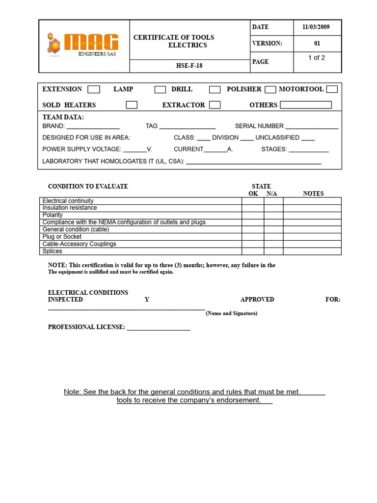 CERTIFICATE OF ELECTRIC TOOLS | PDF | Electrical Connector | Electric Power