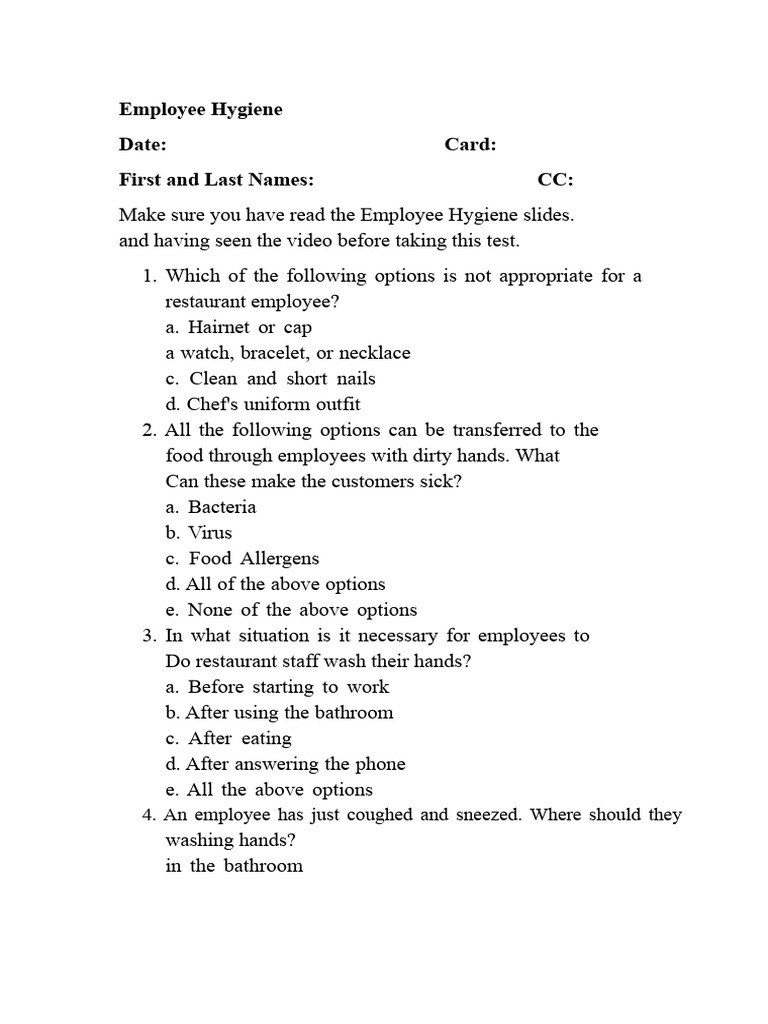 EMPLOYEE HYGIENE QUESTIONNAIRE | PDF | Hand Washing | Hygiene