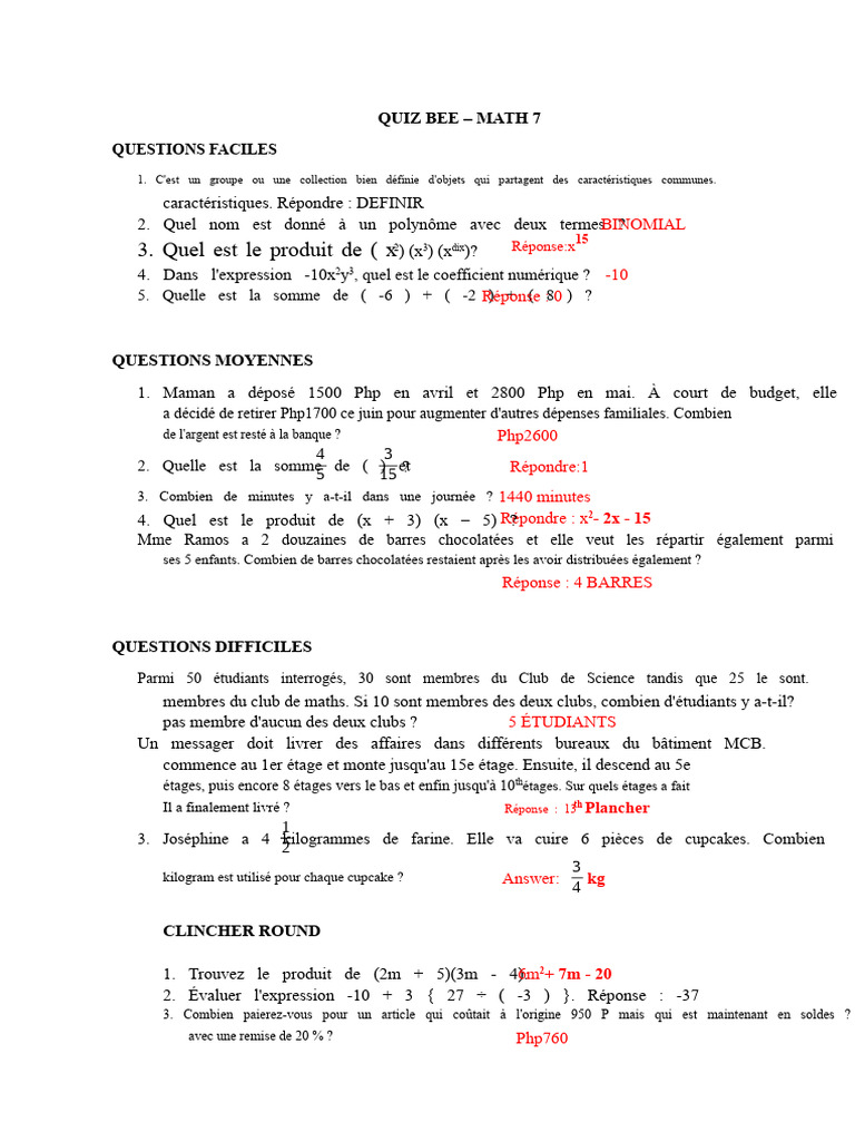 Quiz Bee de Mathématiques 7 : Questions et Réponses | PDF | Algèbre ...