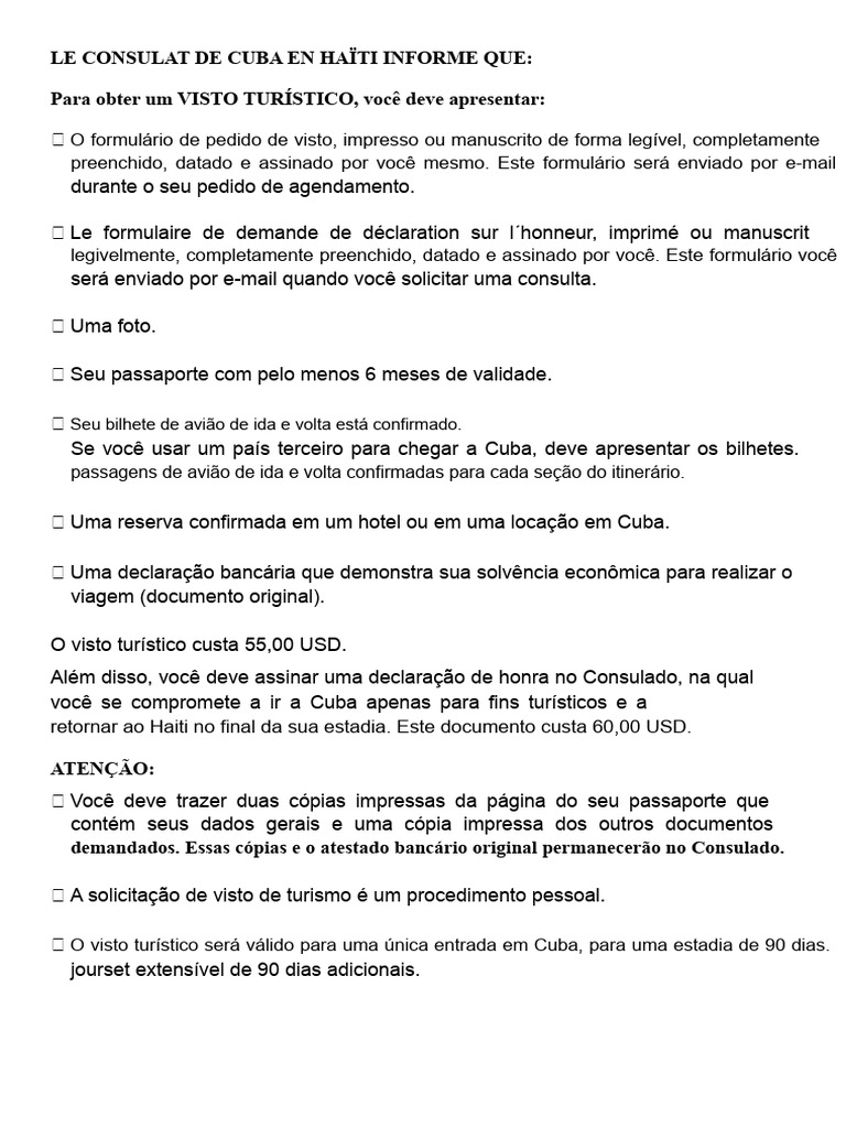 Como Obter Visto Turístico para Cuba | PDF