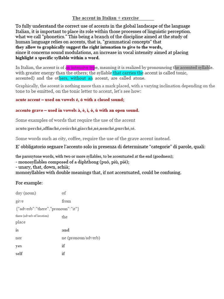 Accents in Italian + Exercise | PDF | Stress (Linguistics) | Phonetics