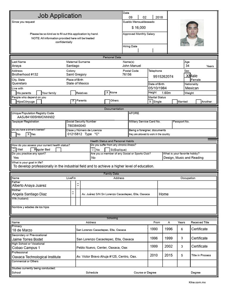 Job Application With Photo | PDF