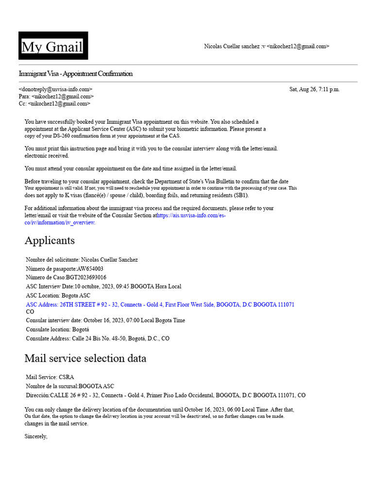Immigrant Visa Appointment Confirmation | PDF | Immigration Law ...