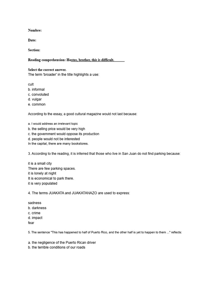 Reading Comprehension on Puerto Rican Culture | PDF