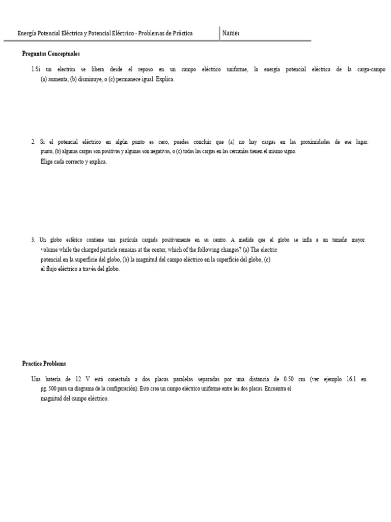 Hoja de Trabajo Sobre Energía Potencial Eléctrica y Potencial Eléctrico ...