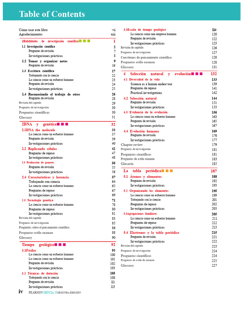 Pearson Ciencia 7 Libro Del Estudiante de 10º Grado Tabla de Contenidos | PDF | Tabla periódica ...