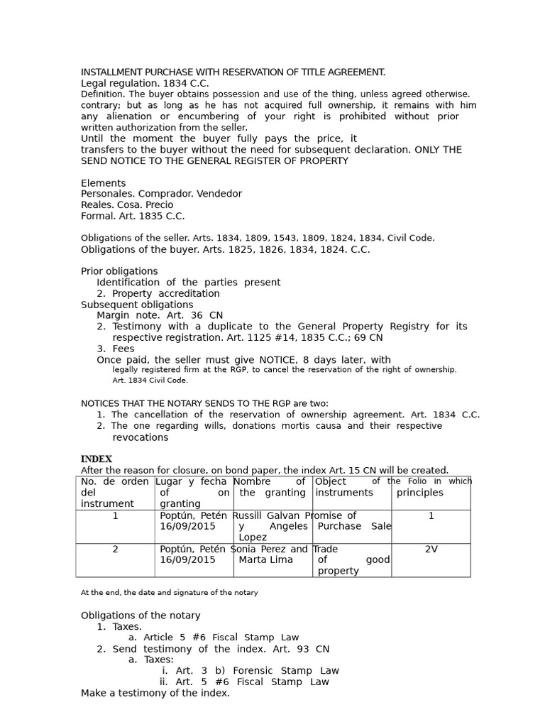 Sale by Installments with a Reservation of Title Agreement | PDF ...