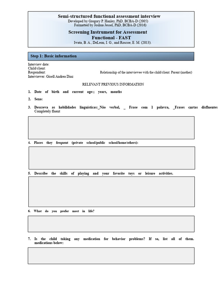 Functional assessment interview IISCA | PDF | Behavior | Psychological ...