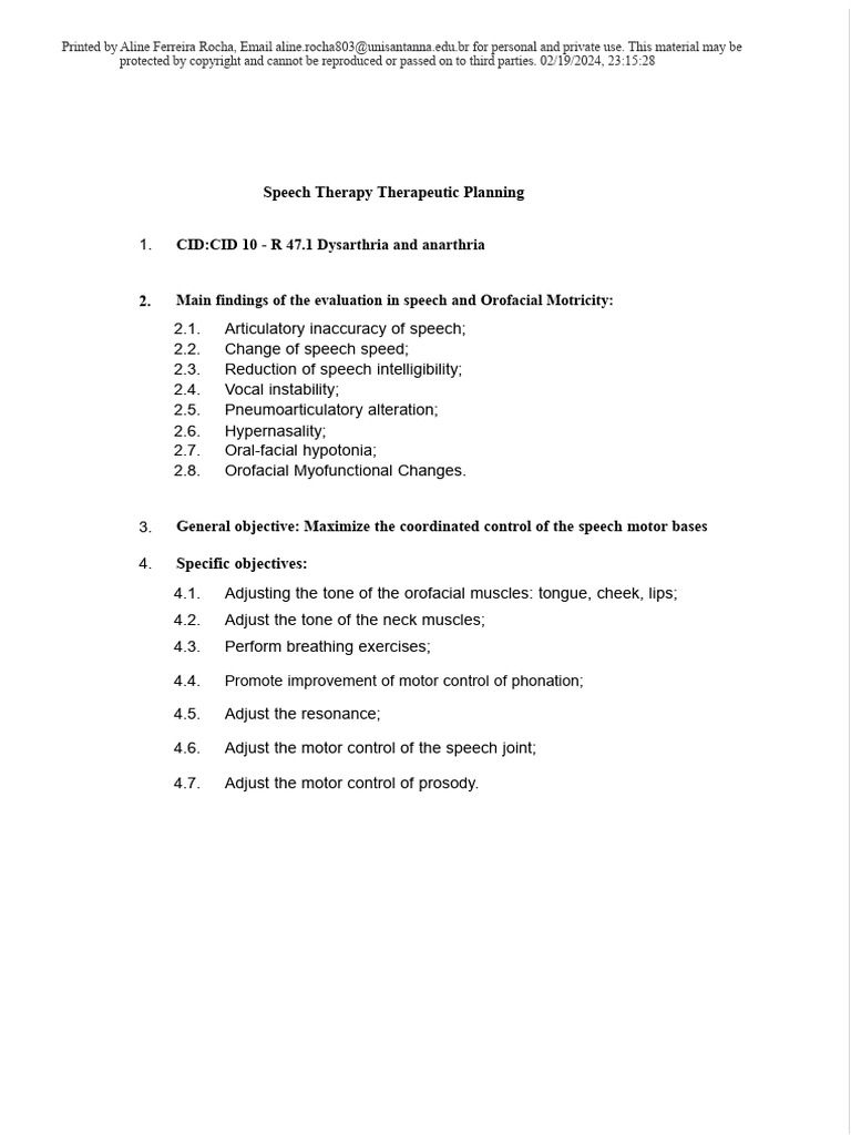 Speech-language therapy planning (SLP) for dysarthria focused on speech ...