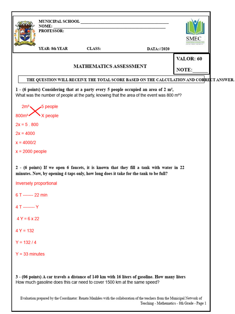 ASSESSMENT - 8TH GRADE - Answer Key | PDF