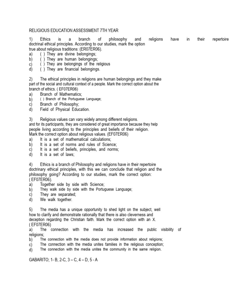 7th Year Religious Education Assessment | PDF