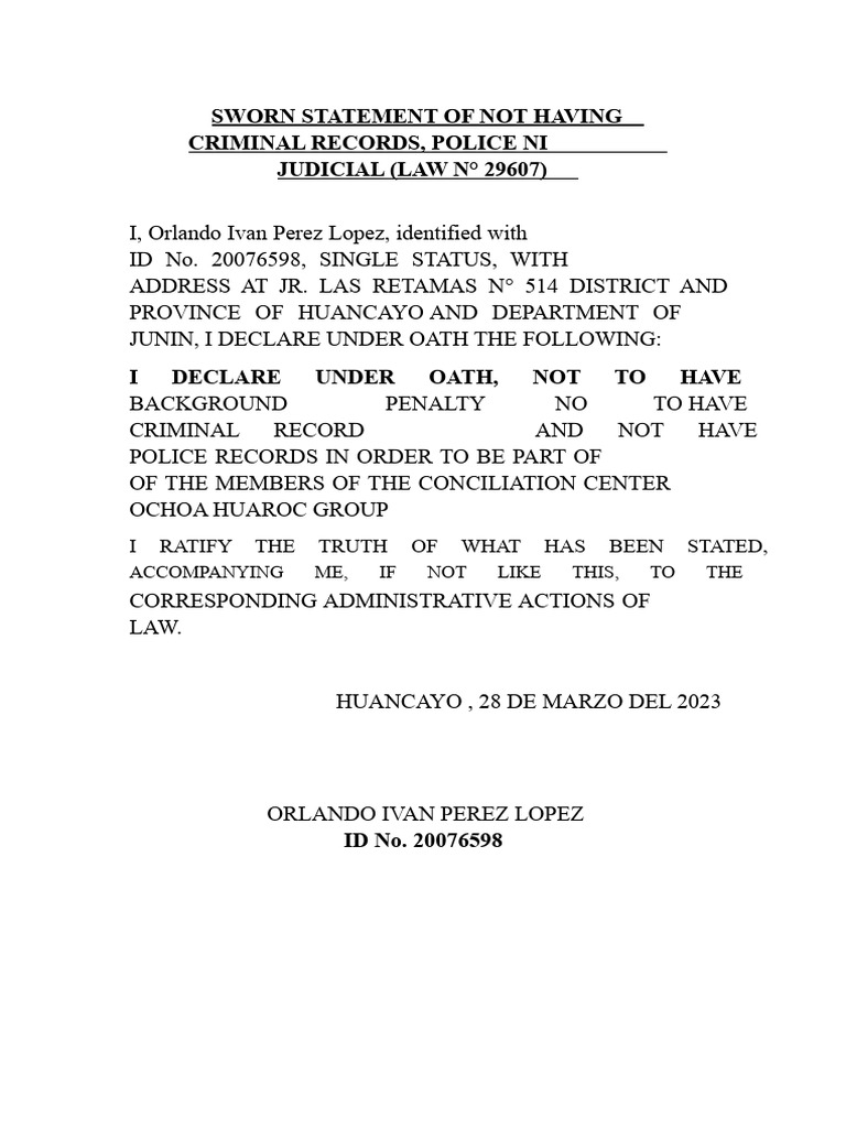 Sworn Statements of No Criminal Record | PDF | Affidavit | Evidence