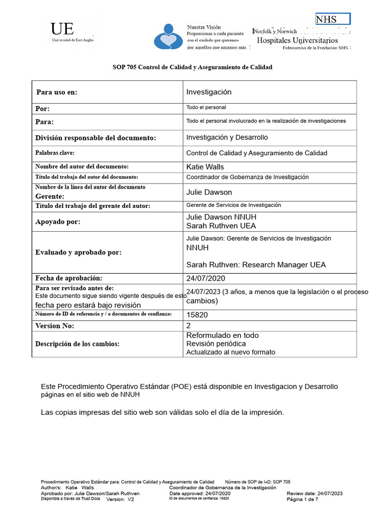SOP 705: Control y Aseguramiento de Calidad | PDF | Sistema de manejo ...