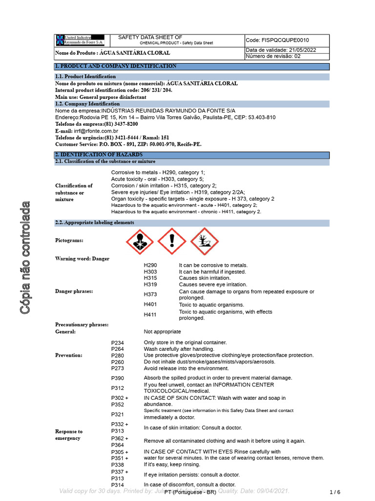 SDS - Chlorine Bleach | PDF | Toxicity | Personal Protective Equipment