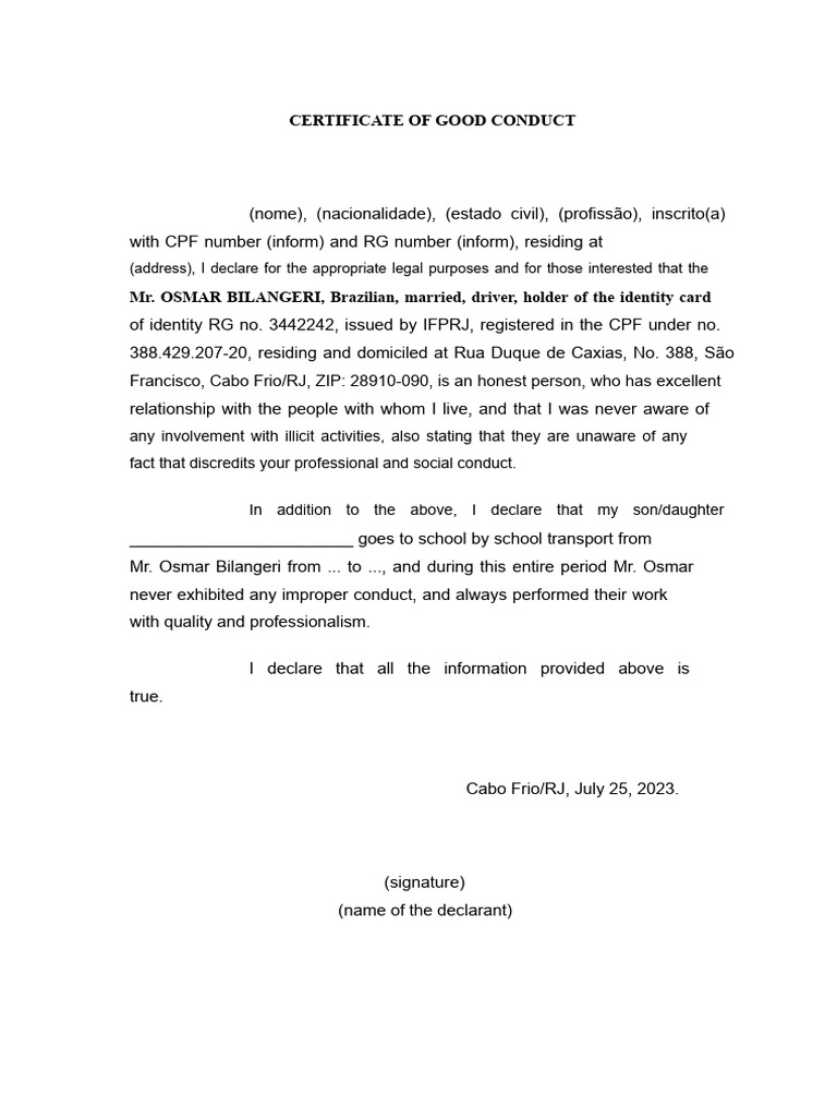 Certificate of Good Conduct - Template | PDF