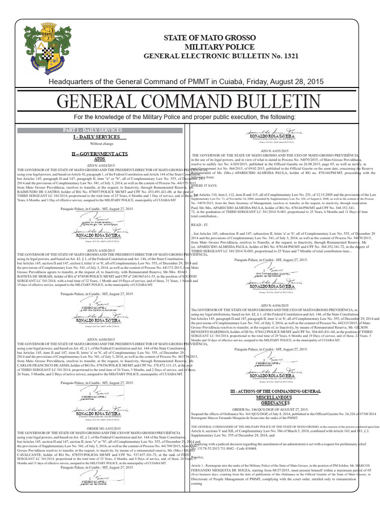 Mato Grosso Military Police Bulletin 1321 | PDF | Police | Arrest
