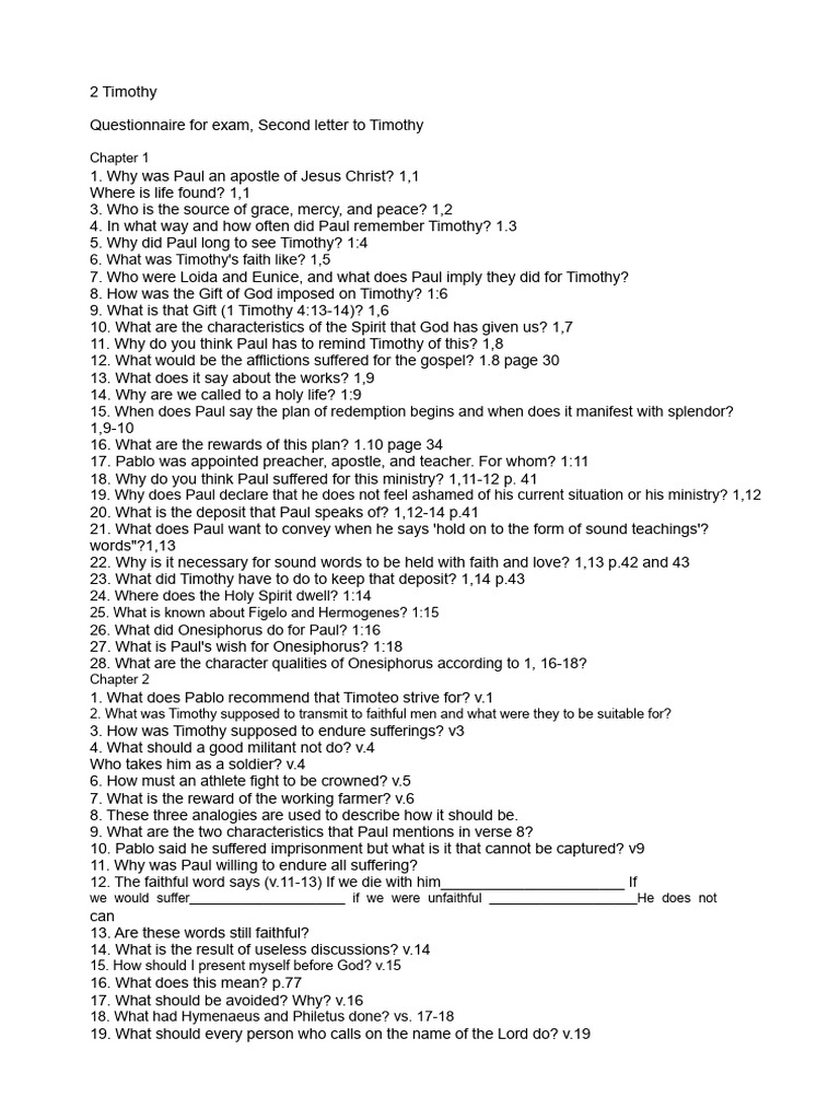 Questionnaire 2 Timothy | PDF | Paul The Apostle | Grace In Christianity