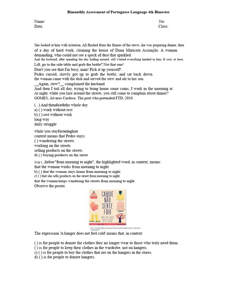 Bimonthly Evaluation of Portuguese Language 4th Bimester - 6th Grade ...