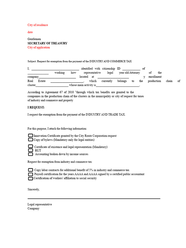 Industry and Commerce Tax Exemption Request | PDF