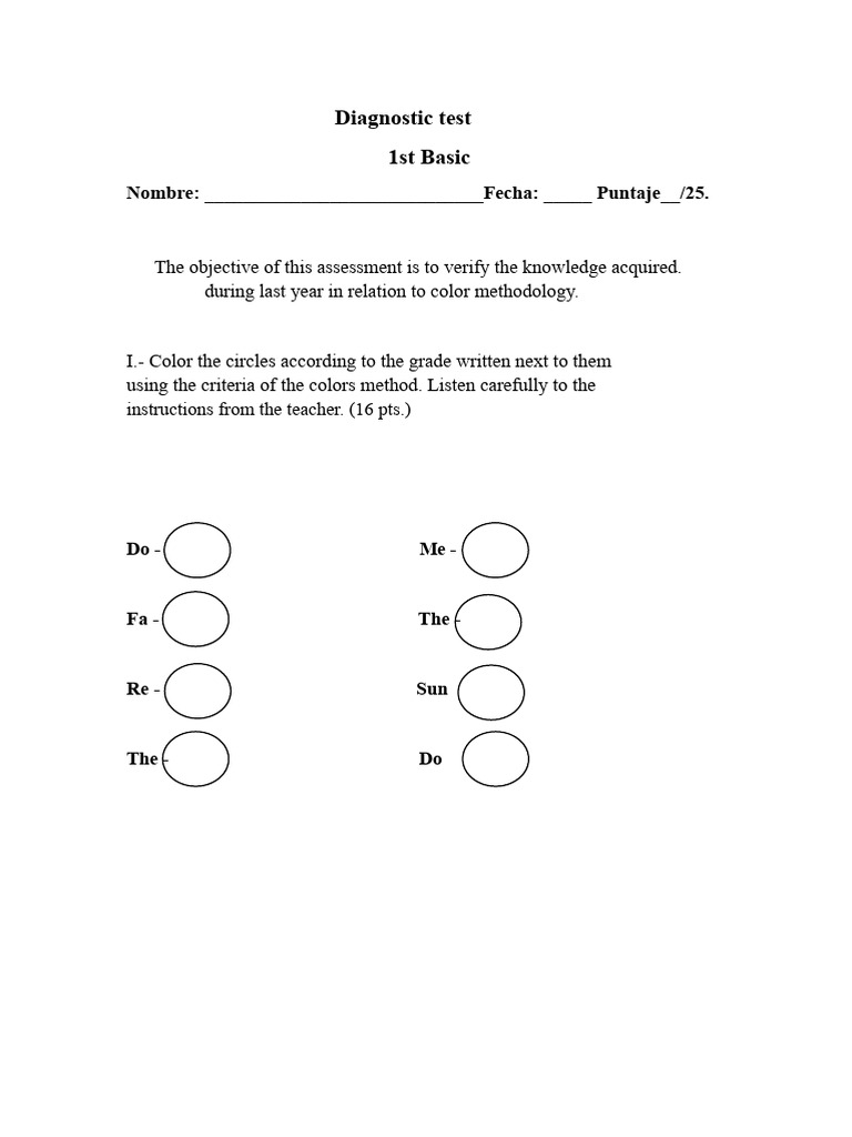Diagnostic Test 1st Grade (Colors).docx | PDF